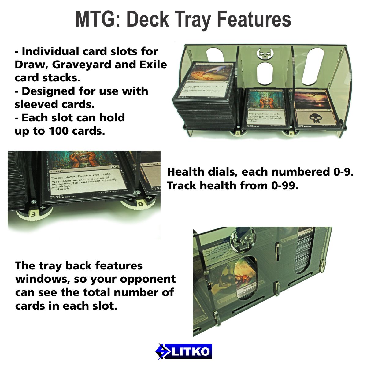 Card Deck Tray with Life Count Dials MtG Black