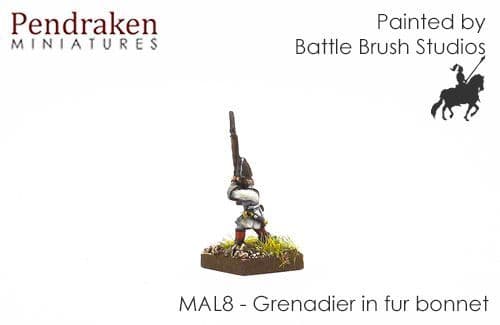 Pendraken 10mm Marlburian Grenadier in fur bonnet march attack Austrian