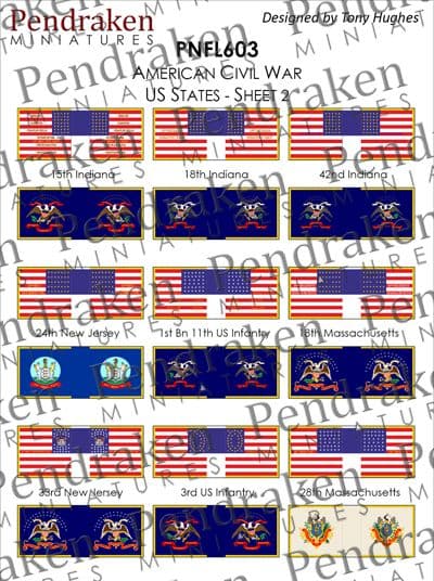 Pendraken 10mm ACW Flags US States sheet 2 IN/NJ/MA